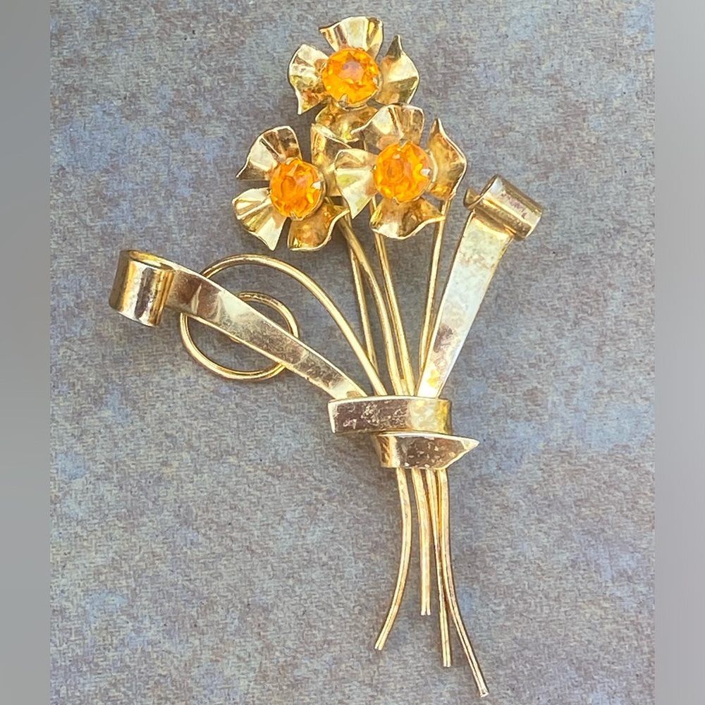 Vintage Coro Craft 3 Amber/Topaz Color Stone Sterling… - Gem